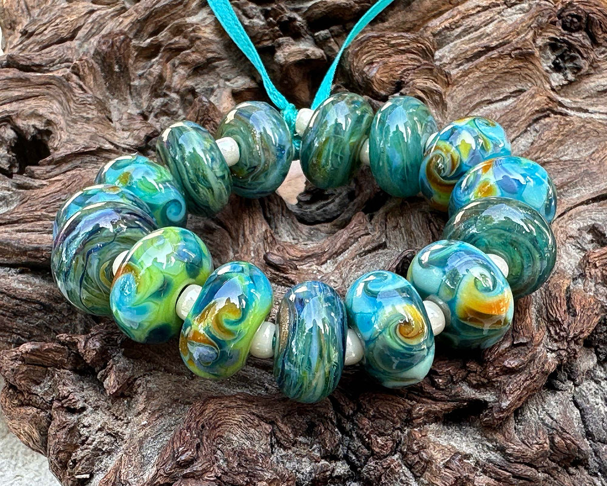 Teal Green Swirls Lampwork Beads Set SRA – SWCreations
